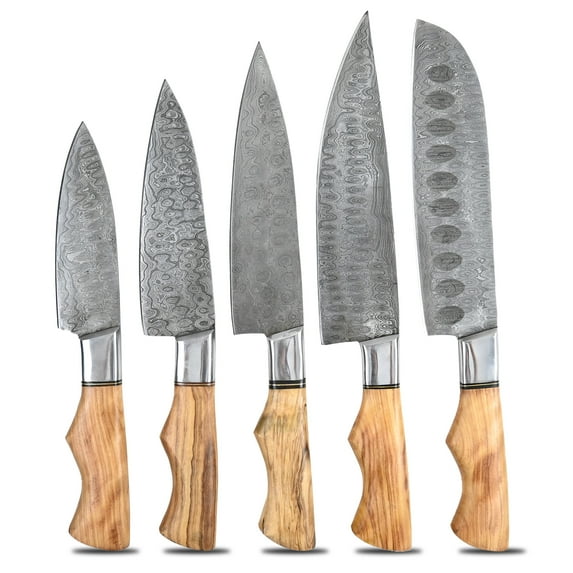 Damascus Kitchen Knife Set of 5 with Olive Wood Handle & Brass Handles ...