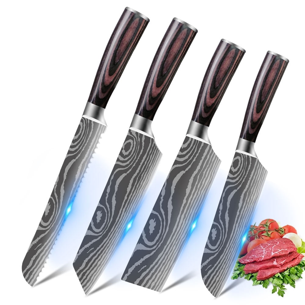 Damascus Laser Steel Kitchen Knives Set 4-Piece Chef Knife with Blade ...