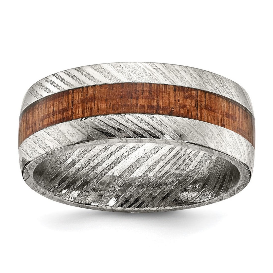 Damascus Steel Polished With Sapele Wood Inlay 8mm Band Size 11 - Band ...