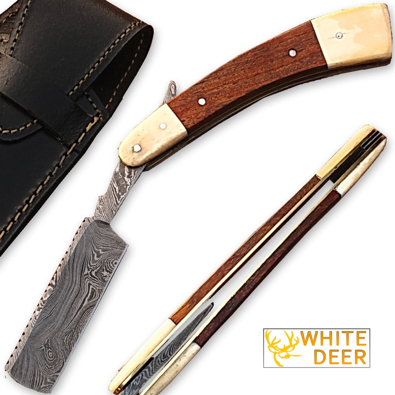 Damascus Steel Straight Razor with Camel Bone & Wood Handle - Walmart.com