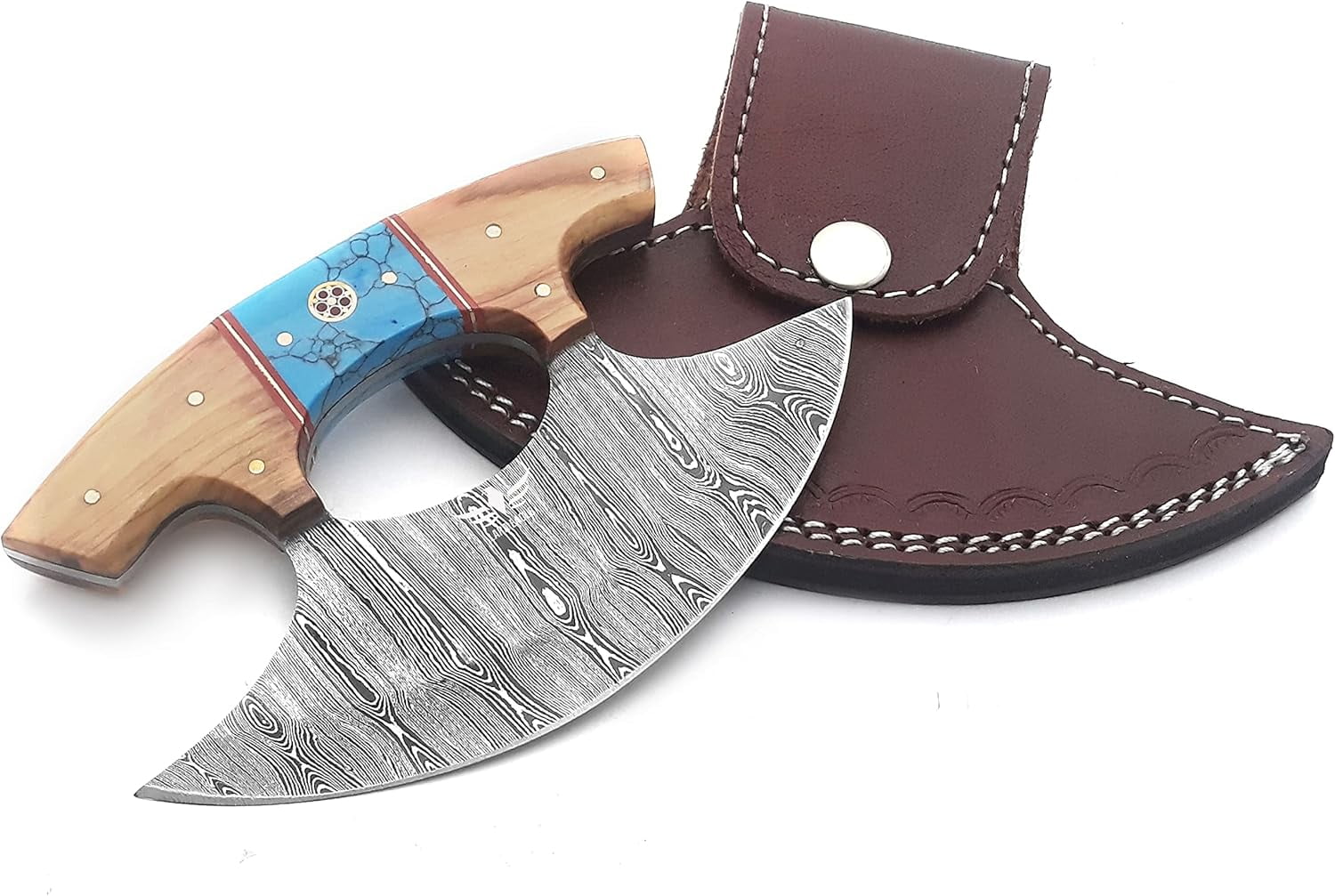 Damascus Ulu Knife, Turquoise Gem Handle 6 inch blade One-Handed Rocker ...