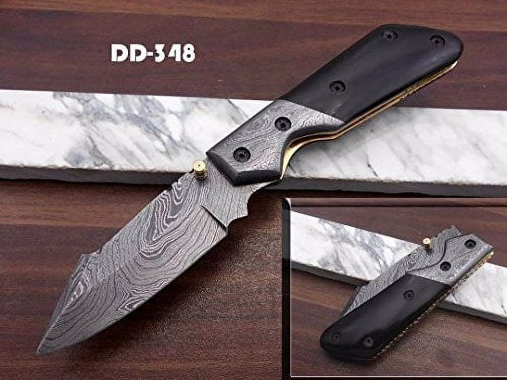 Damascus steel 7.5" long Folding Knife, Bull horn scale with Damascus ...