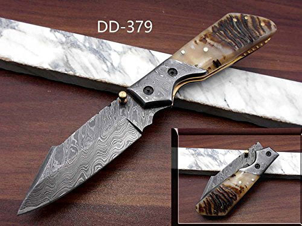 Damascus steel 7.5" long Folding Knife, Natural Ram horn scale with ...
