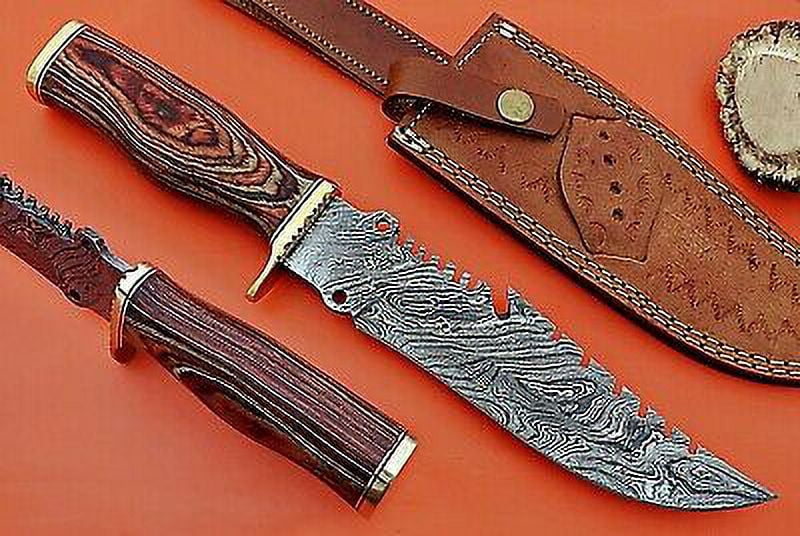 Damascus steel Gut hook hunting knife, Finger guard wood scale, leather ...