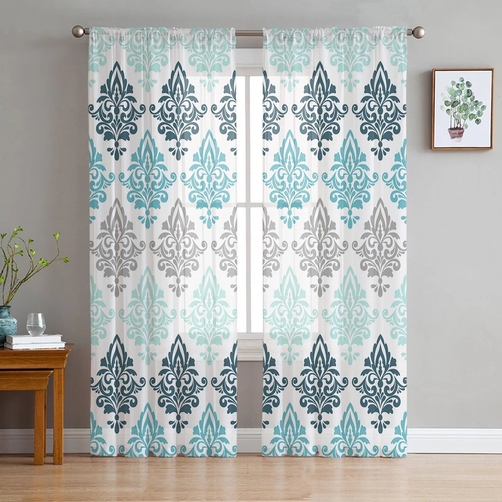Damask Baroque Gradient Aqua Tulle Curtains For Living Room Kitchen ...