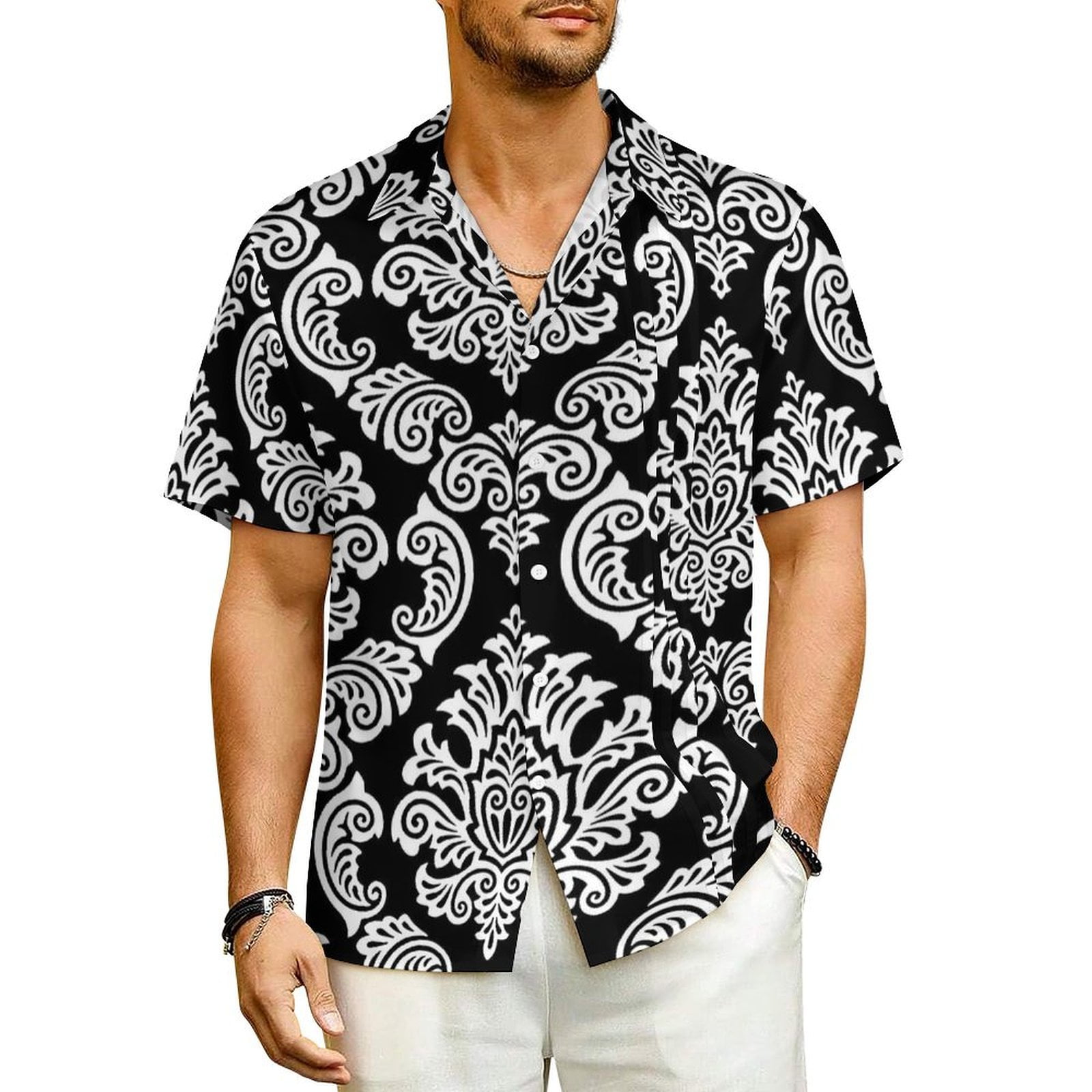 Damask Baroque Print Beach Shirt Man Black And White Vintage Casual ...