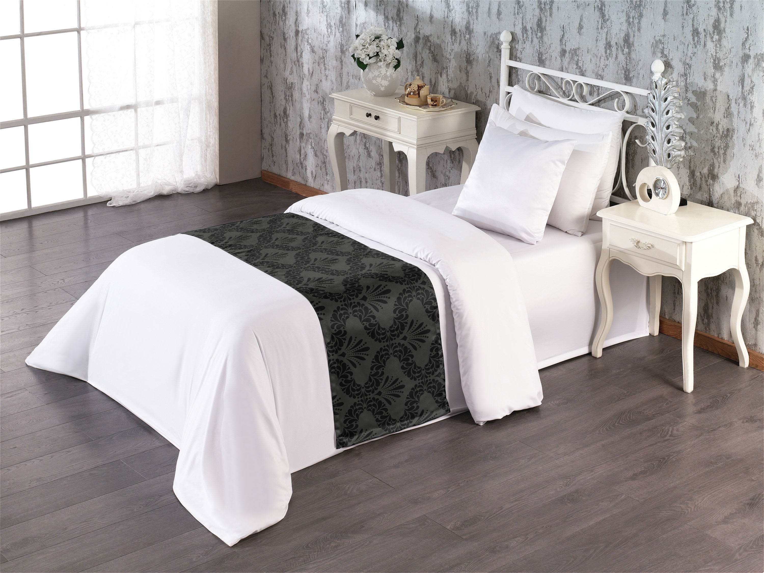 Damask Bed Runner, Simple Design Neutral Colors Floral Boho Artwork on ...