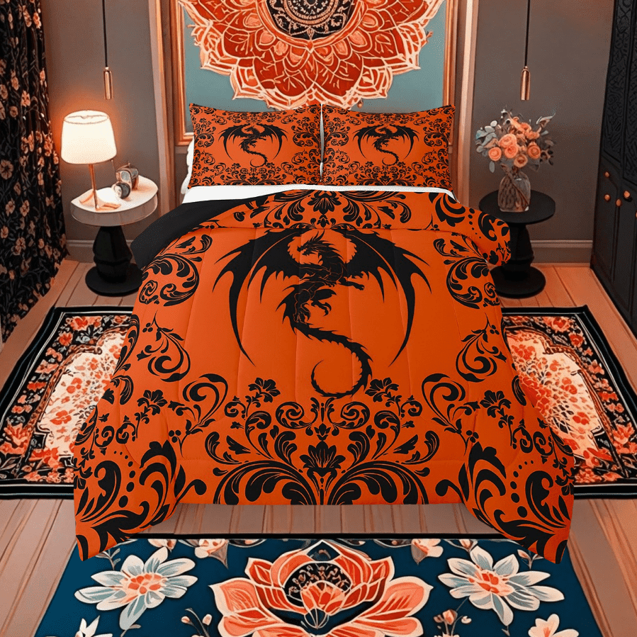 Damask Dragon Bed Comforter Set Full Boho Black Orange Gothic Animal ...