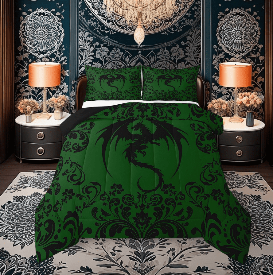 Damask Dragon Comforter Full Boho Black Dark Green Gothic Animal ...