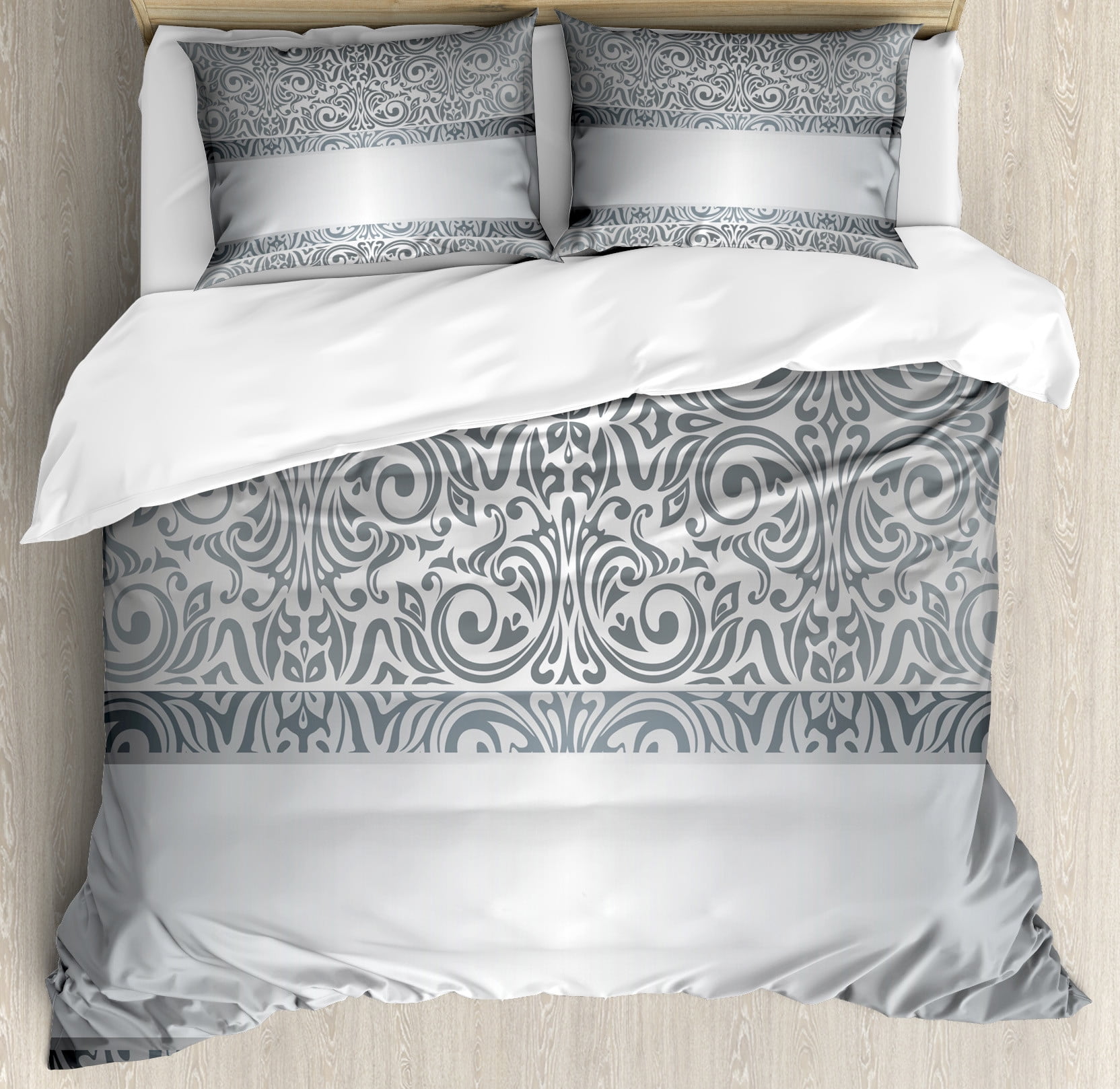 Damask Duvet Cover Set, Baroque Damask Curves Rococo Style Motifs ...