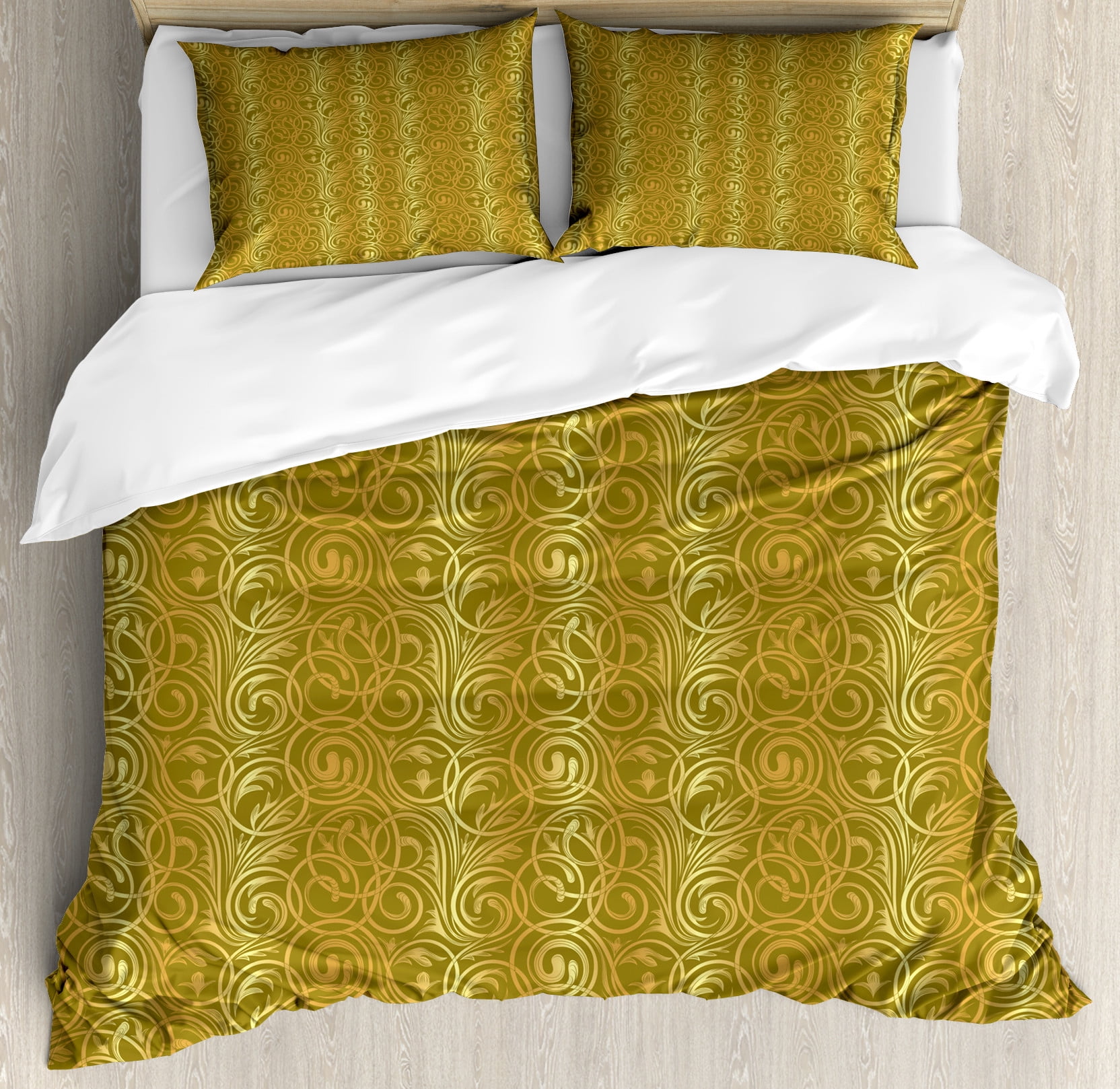 Damask Duvet Cover Set, Branches in Golden Yellow Tones Scrolling ...
