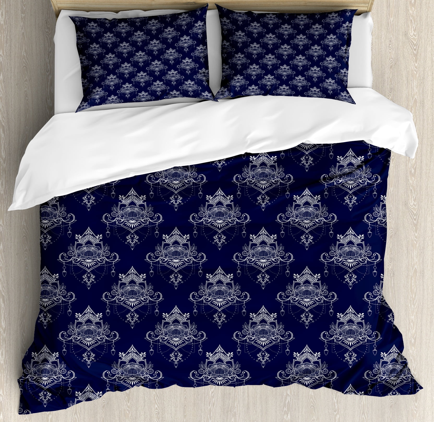 Damask Duvet Cover Set, Continuous Lotus Flower Baroque Style Ethnic ...