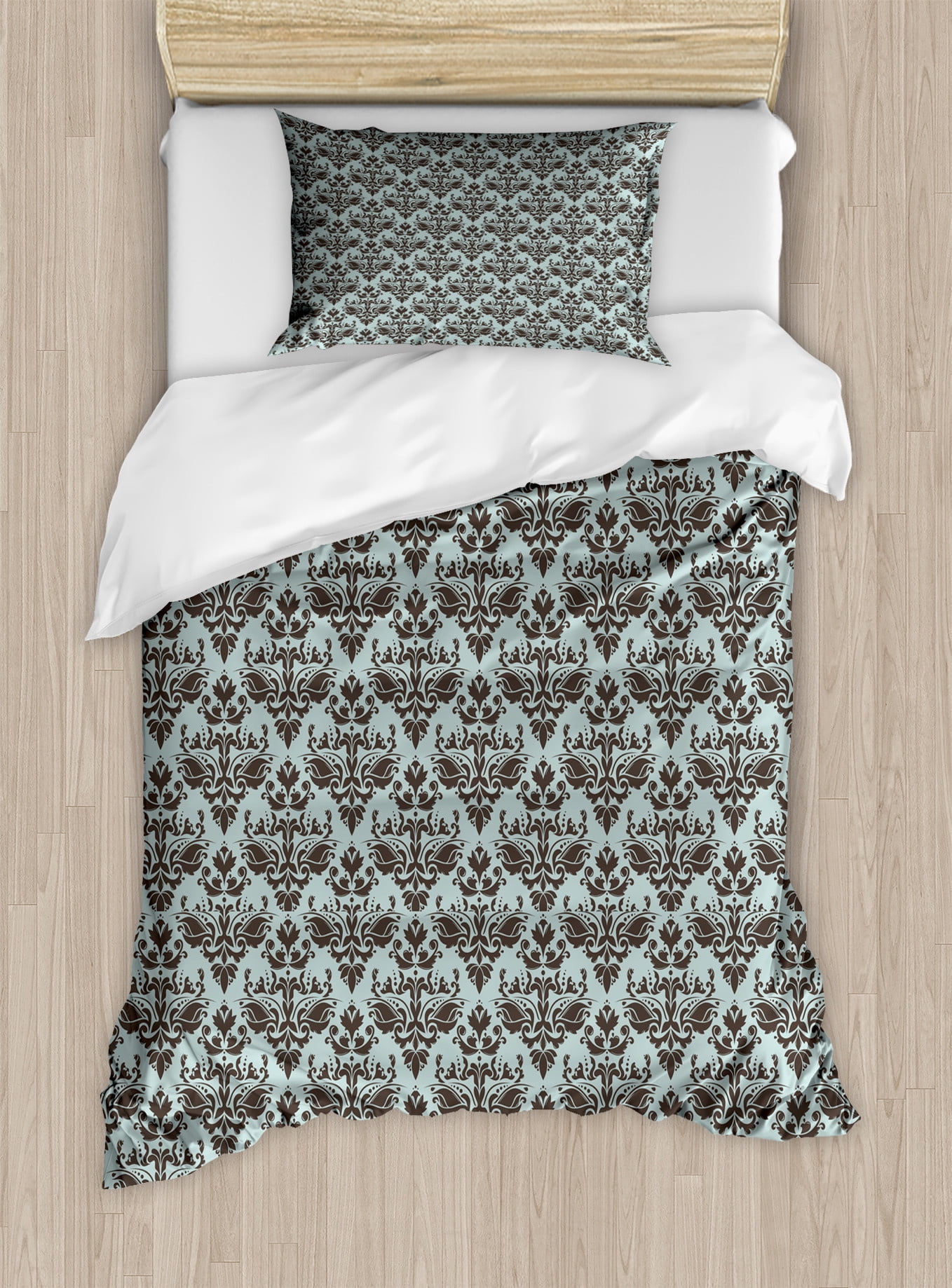 Damask Duvet Cover Set, Damask Shapes Motif Western Modular Leaves and ...