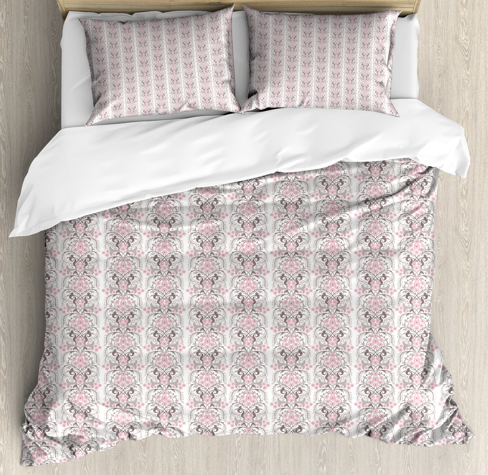 Damask Duvet Cover Set, Floral Botany Ornate Vertical Line in Pastel ...