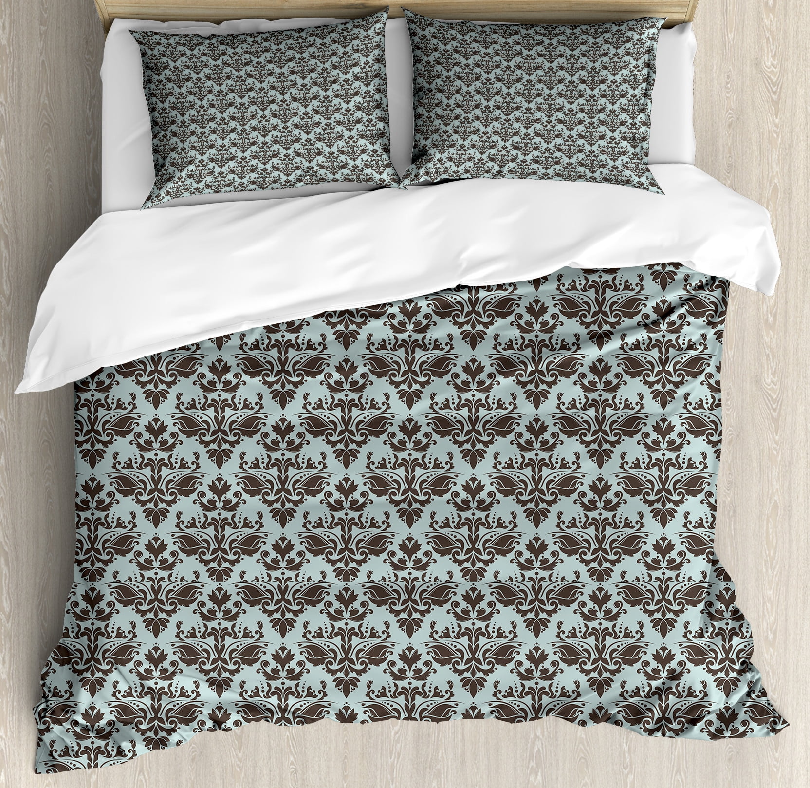 Damask Duvet Cover Set, Damask Shapes Motif Western Modular Leaves and ...