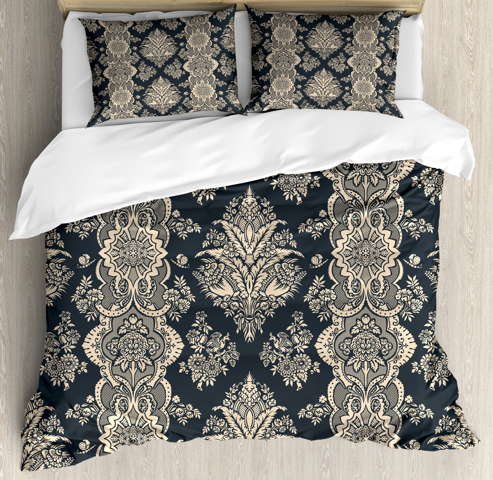 Damask Duvet Cover Set, Victorian Style Baroque Classic Pattern with ...