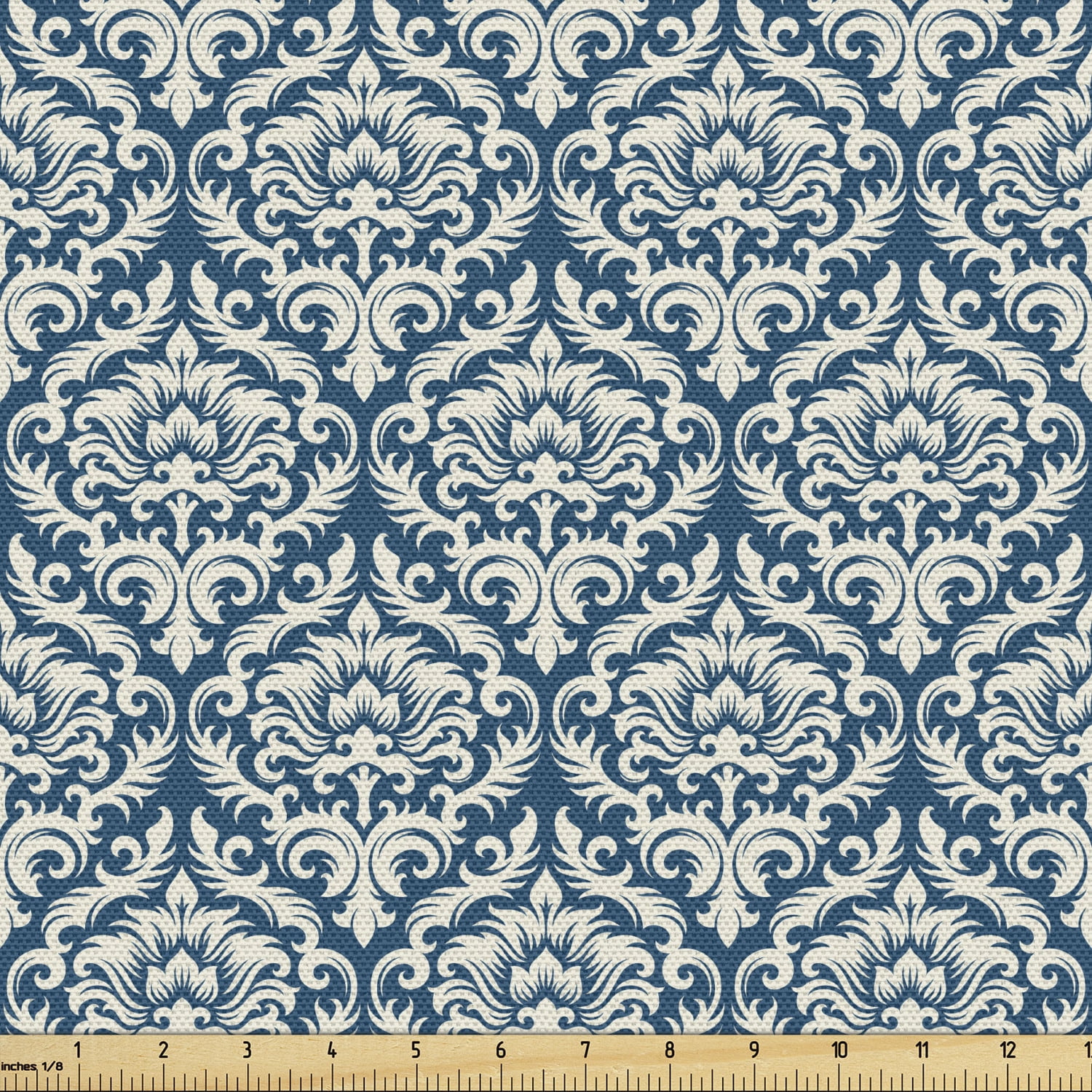 Ambesonne Damask Fabric by the Yard Upholstery, Blue Floral Pattern ...