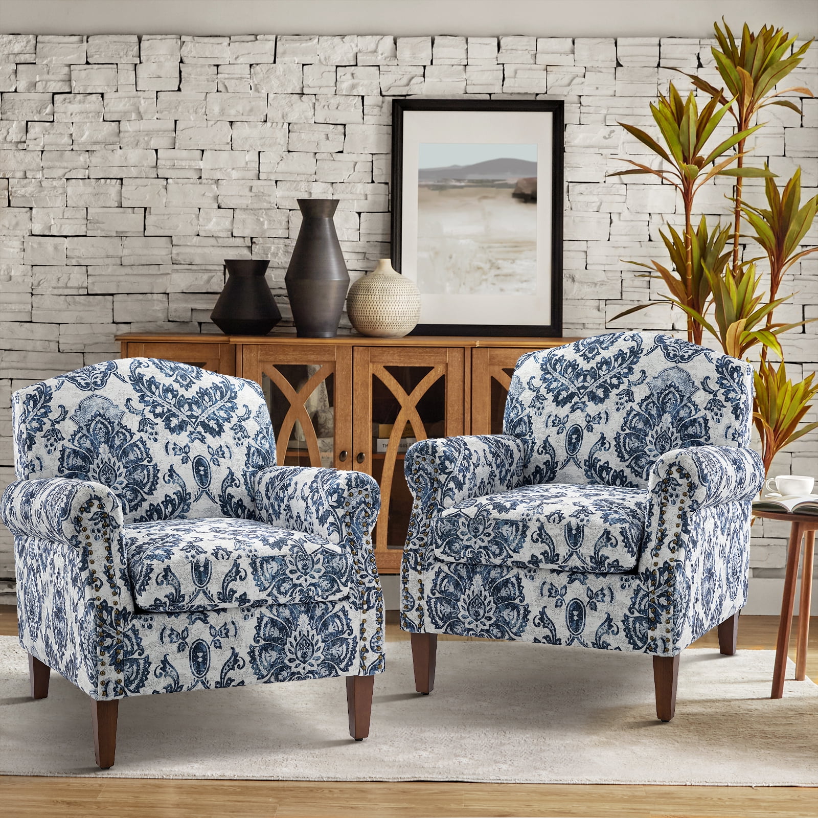 Damask Floral Pattern Armchairs set of 2 Wooden Upholstery Walnut ...