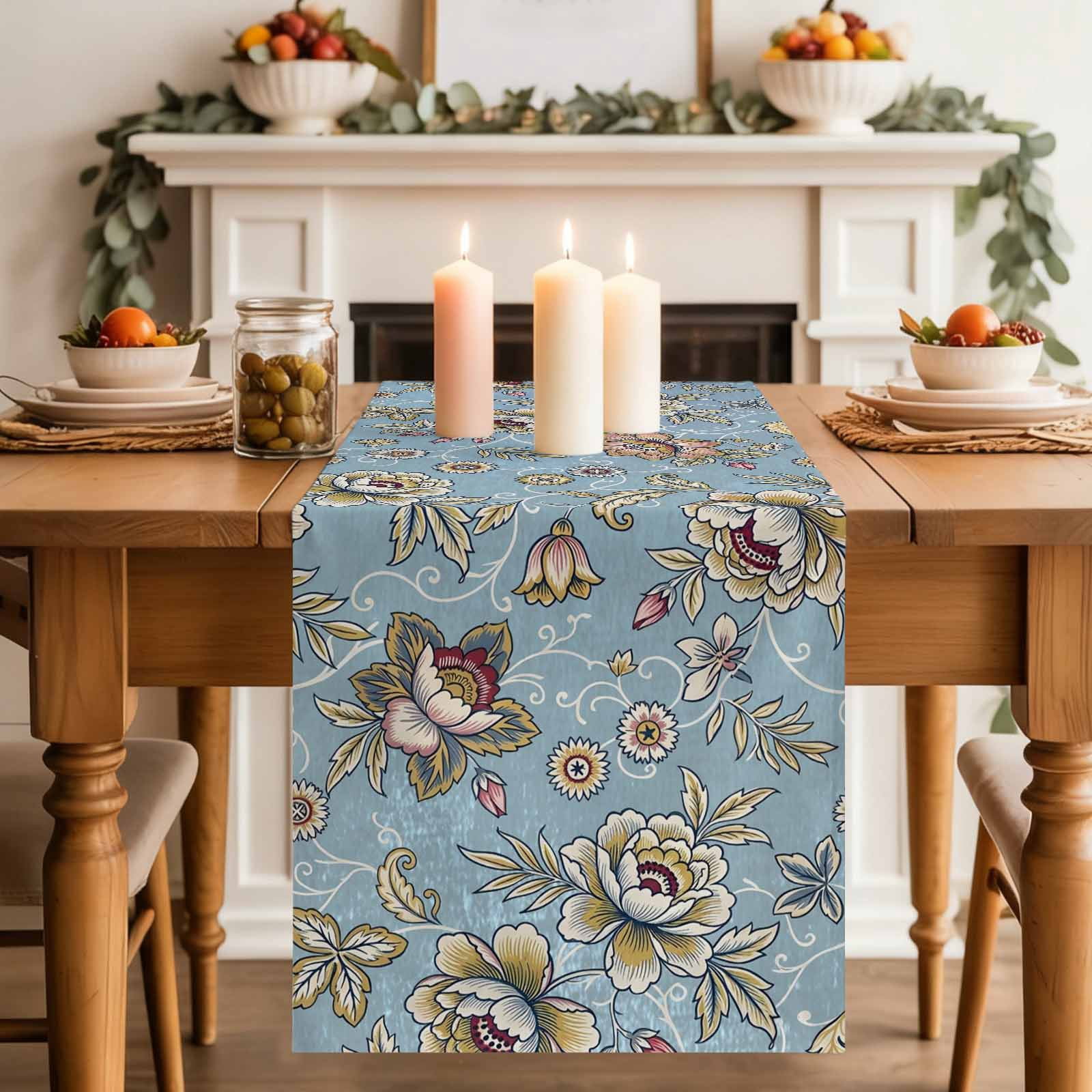 Damask Florals Dining Table Runner, Retro Yellow Ornate Vines Buds Sky ...
