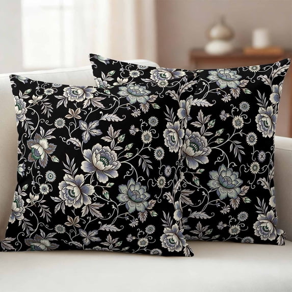 Damask Florals Pillow Covers 2 Pack Retro Flower Gray Ornate Vines Buds ...