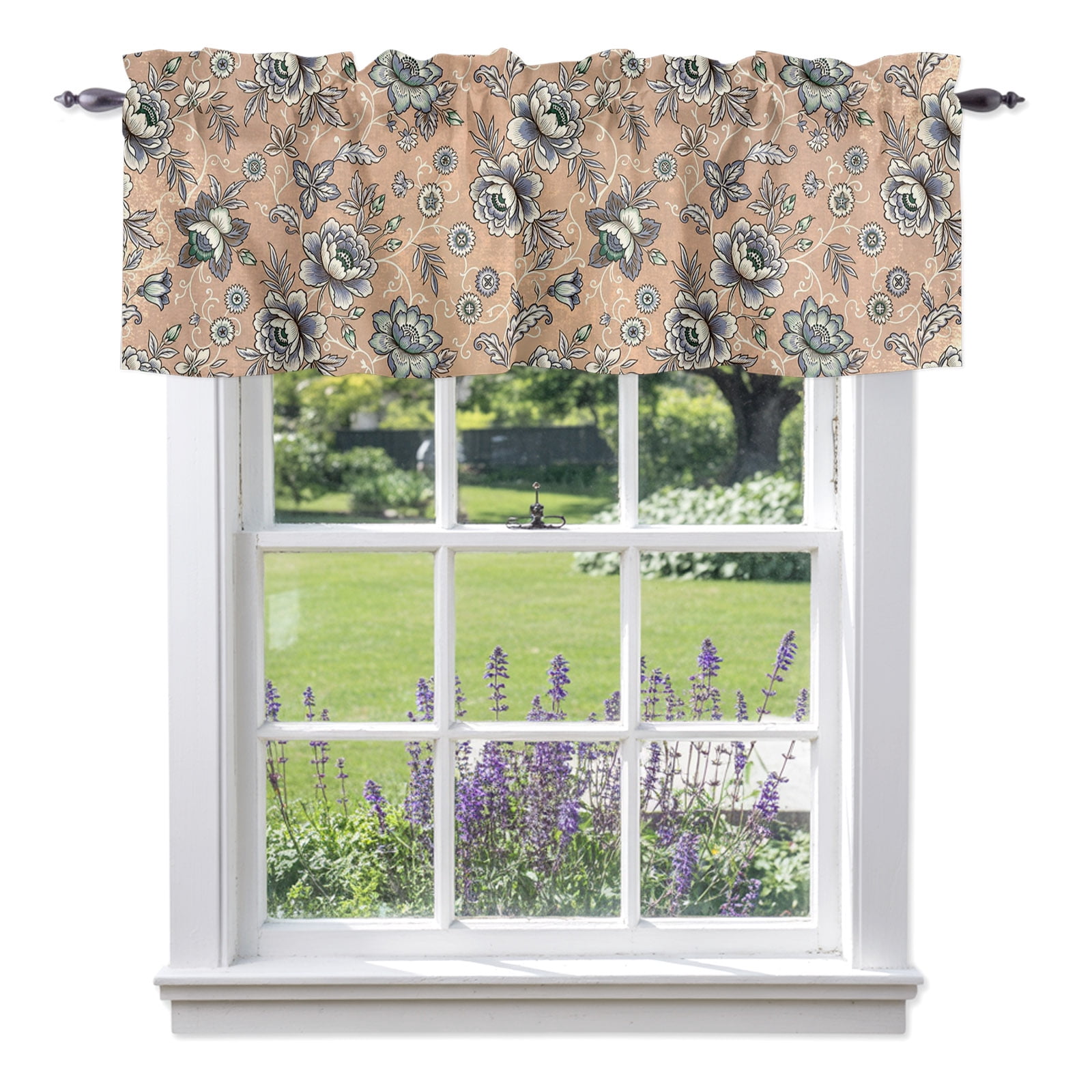 Damask Florals Valance Curtain 1 Panel, Beige Gray Ornate Vines Buds ...