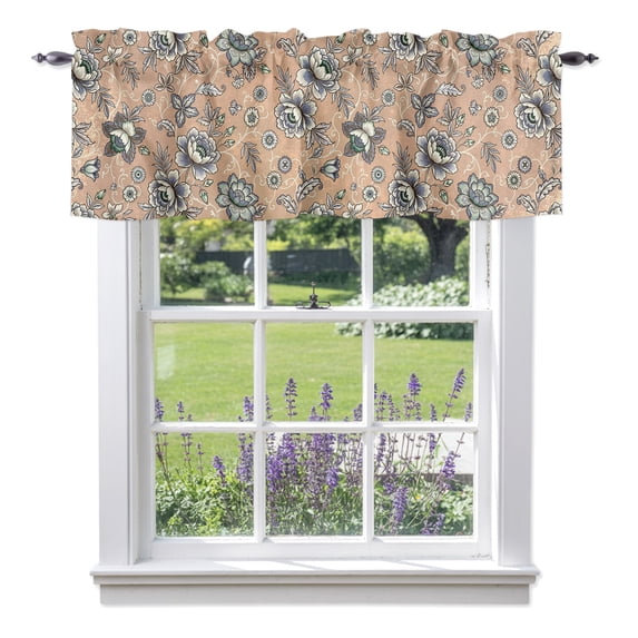 Damask Florals Valance Curtain 1 Panel, Beige Gray Ornate Vines Buds ...