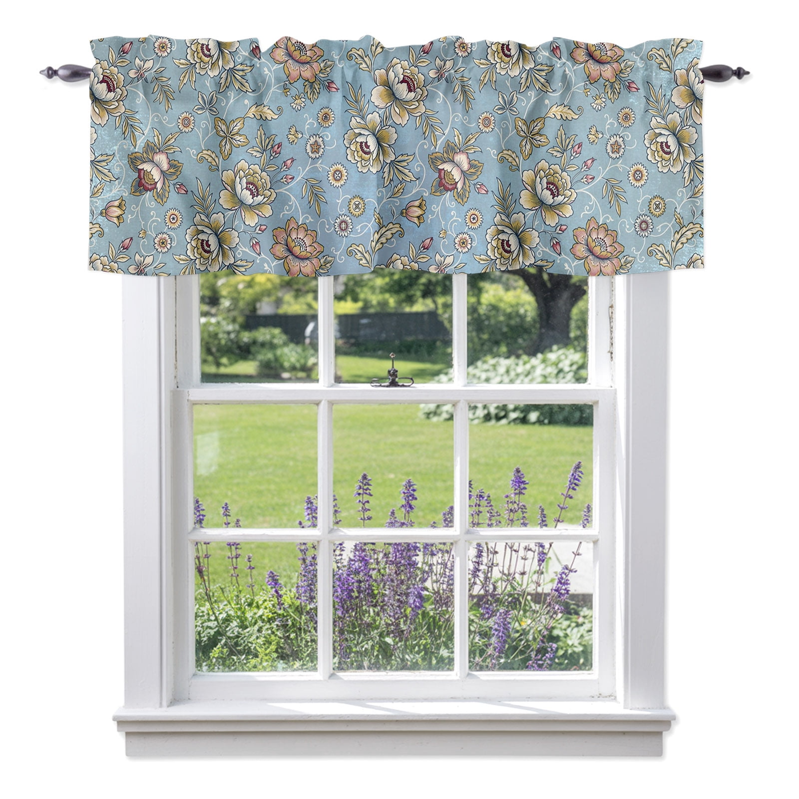 Damask Florals Valances for Windows Retro Yellow Ornate Vines Buds Sky ...
