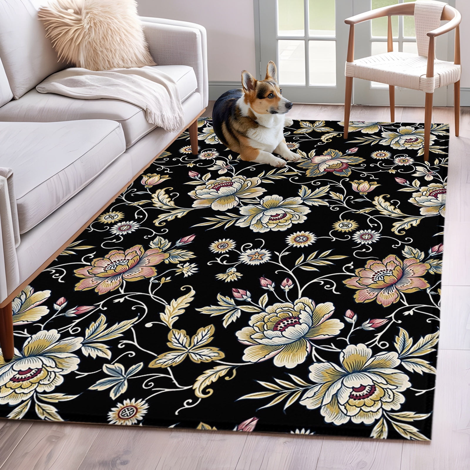 Damask Florals Washable Area Rug 4x6 Retro Flower Yellow Ornate Vines ...