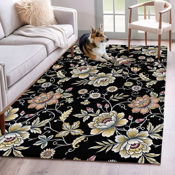 Damask Florals Washable Area Rug 4x6 Retro Flower Yellow Ornate Vines ...