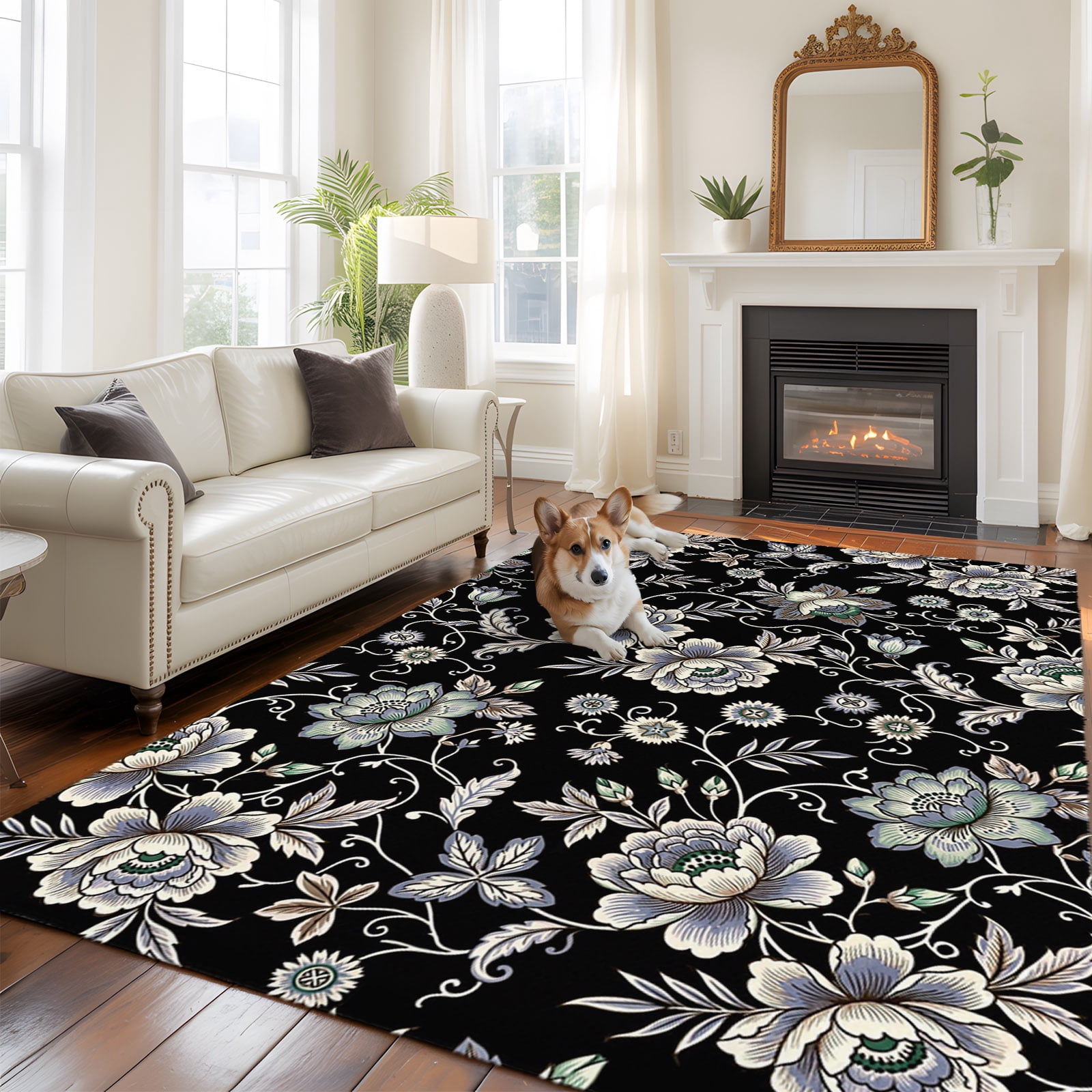Damask Florals Washable Area Rug 6x9 Retro Flower Gray Ornate Vines ...