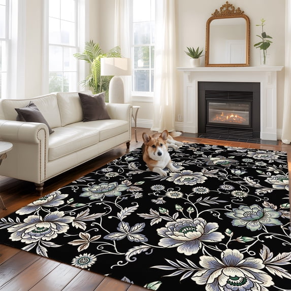 Damask Florals Washable Area Rug 6x9 Retro Flower Gray Ornate Vines ...