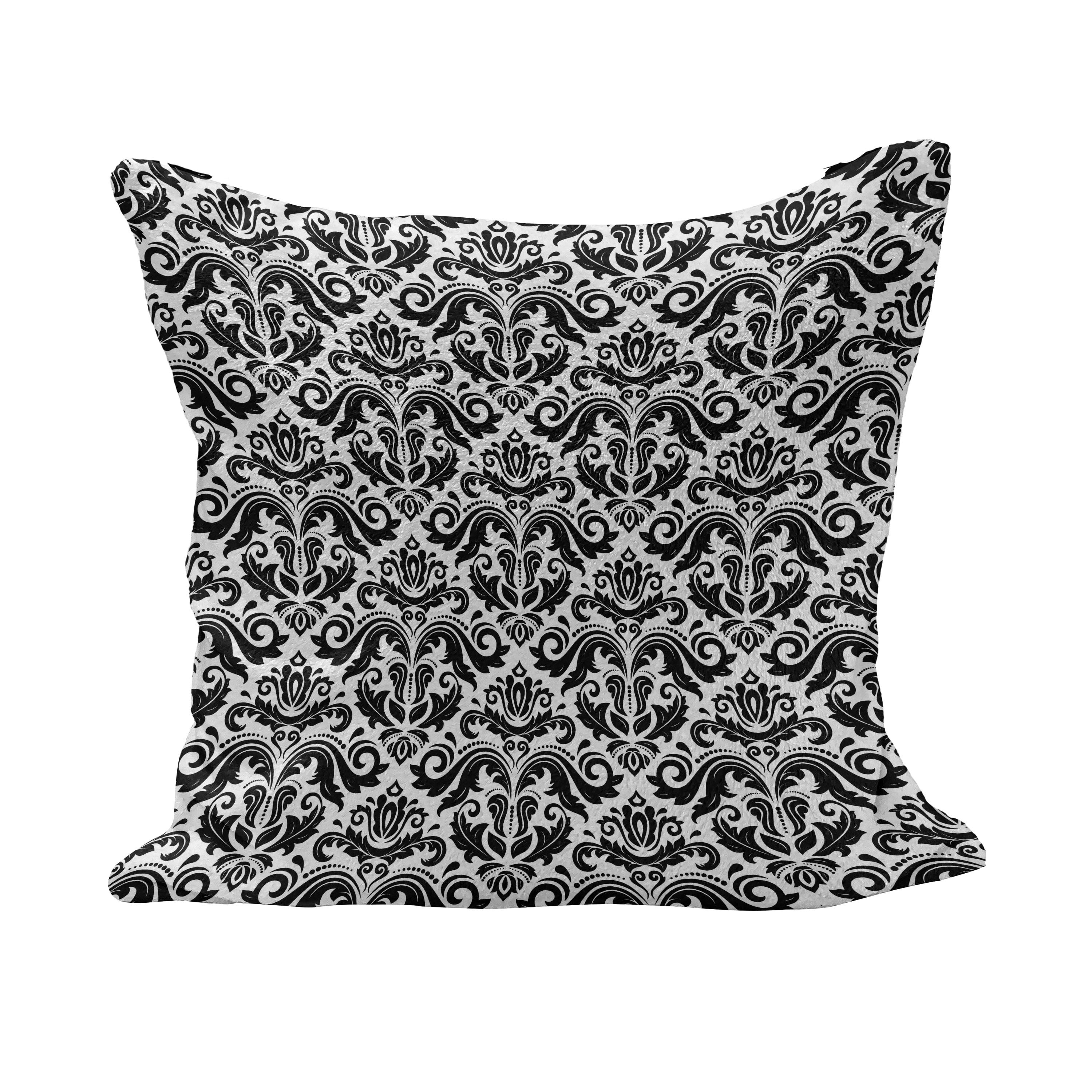 Damask Fluffy Throw Pillow Cushion Cover Monochrome Floral Arrangement