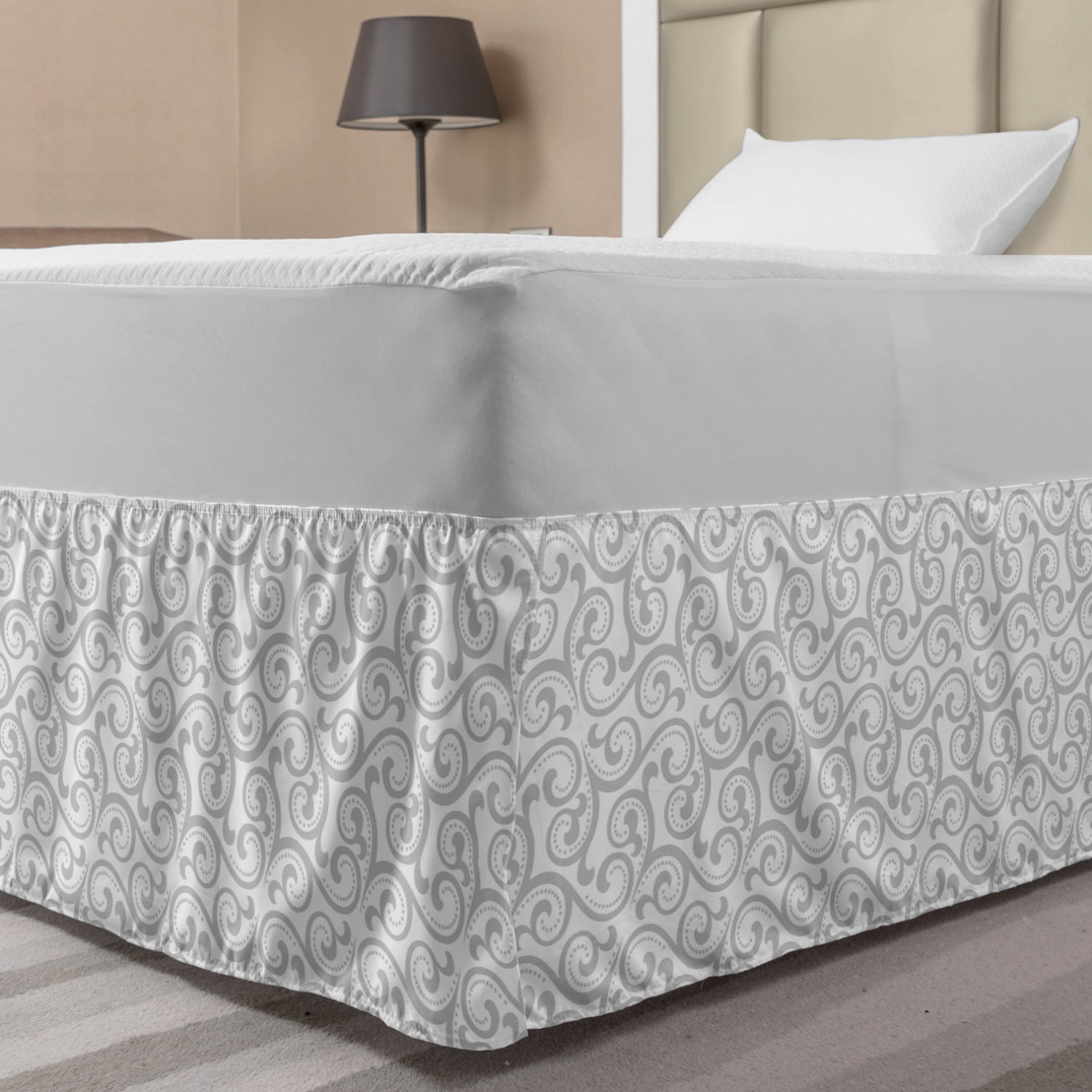 Damask Grey Bed Skirt, Simple Pattern with Curls and Dots in Neutral ...