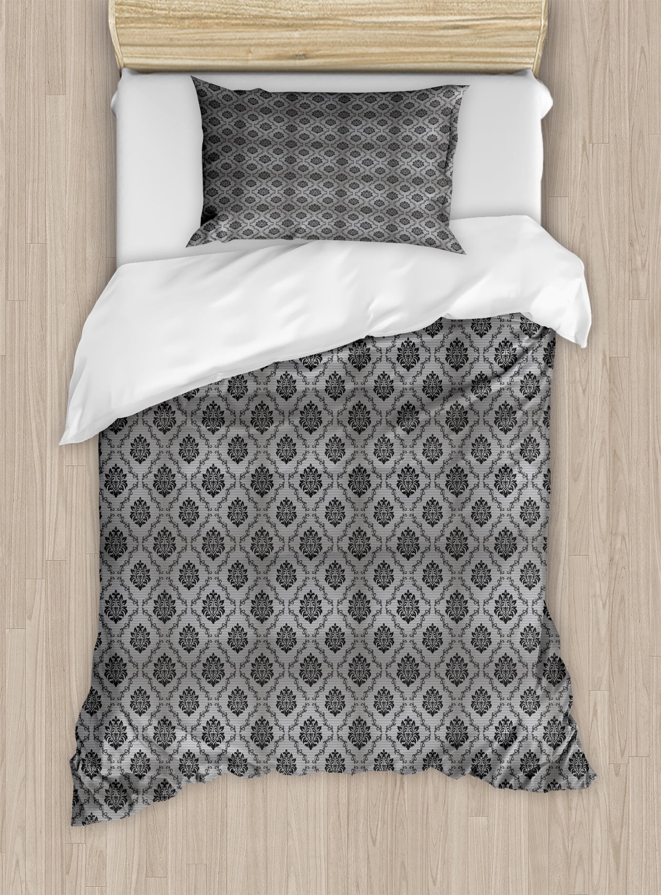 Damask Grey Duvet Cover Set, Continuous Floral Victorian Pattern Grid ...