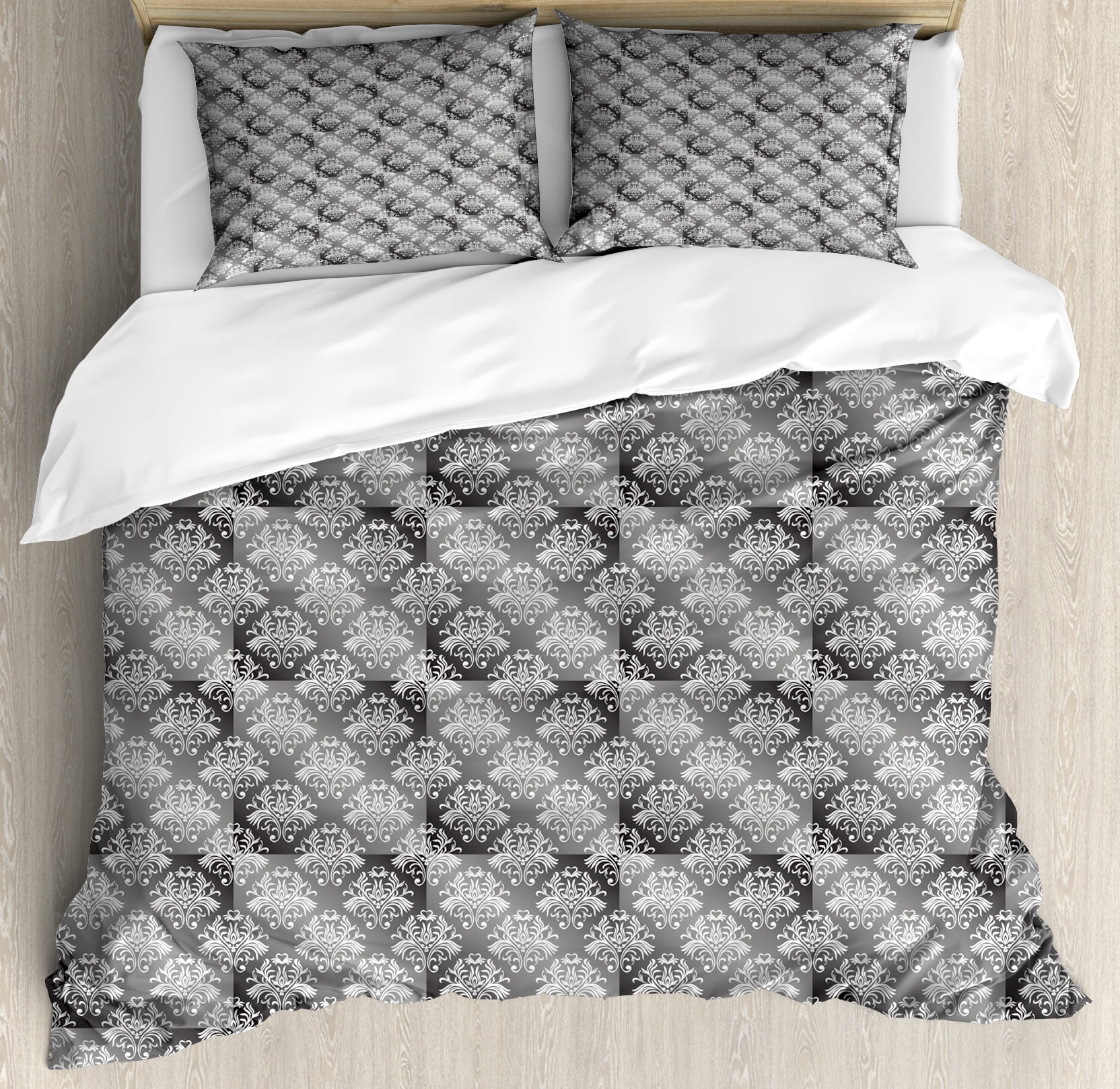 Damask Grey Duvet Cover Set, Floral Damascus Style Repetition with ...
