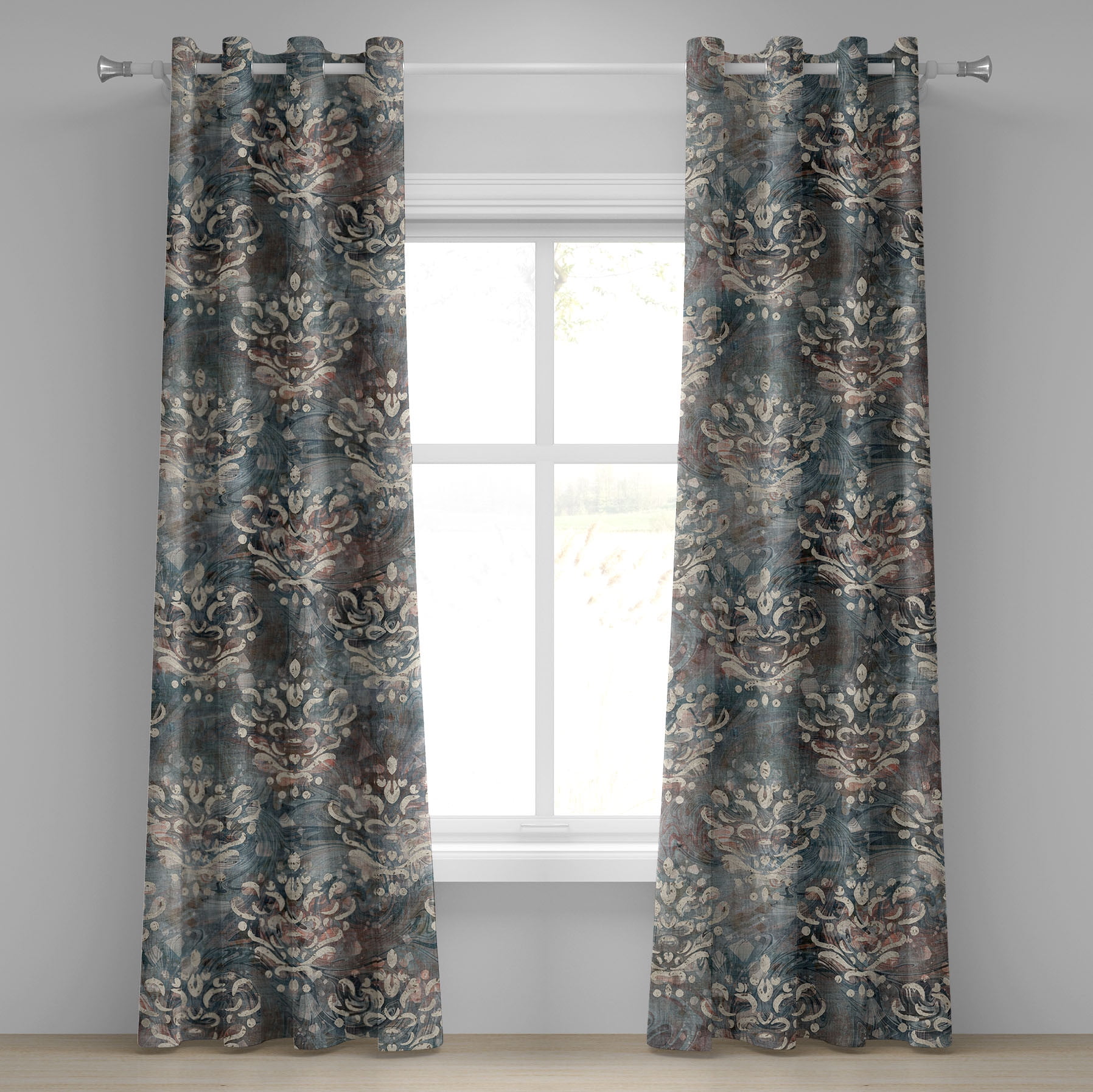Damask Grommet Curtain, Victorian Era Inspired Swirly and Leaf Motif in ...