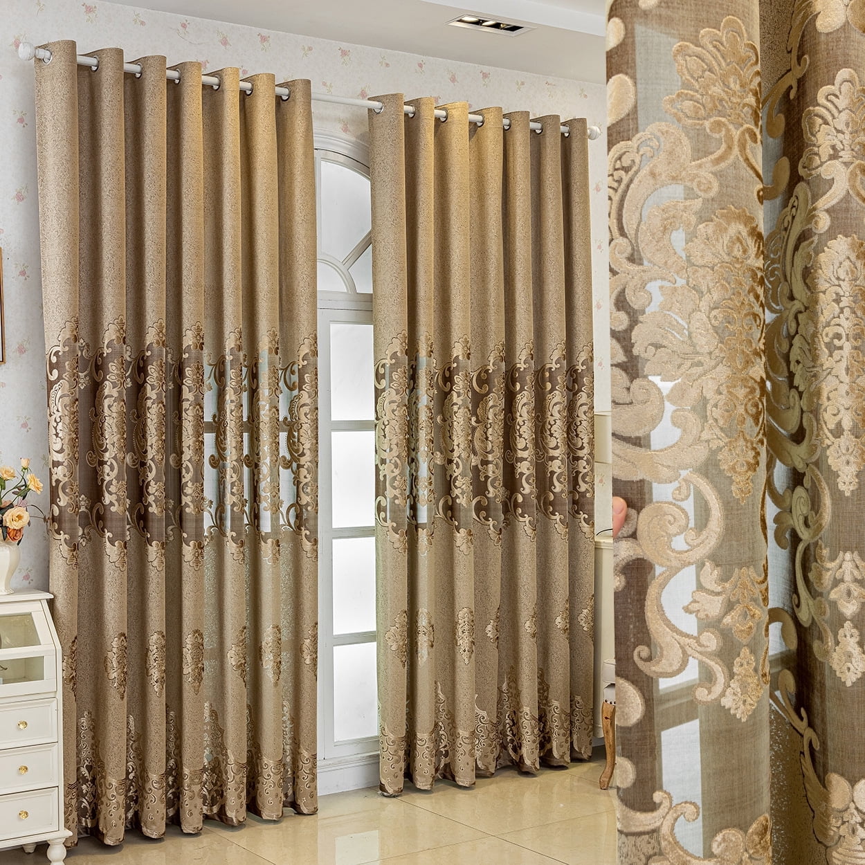 Damask Jacquard Blackout Curtains, Grommet Top Thermal Insulated Window ...