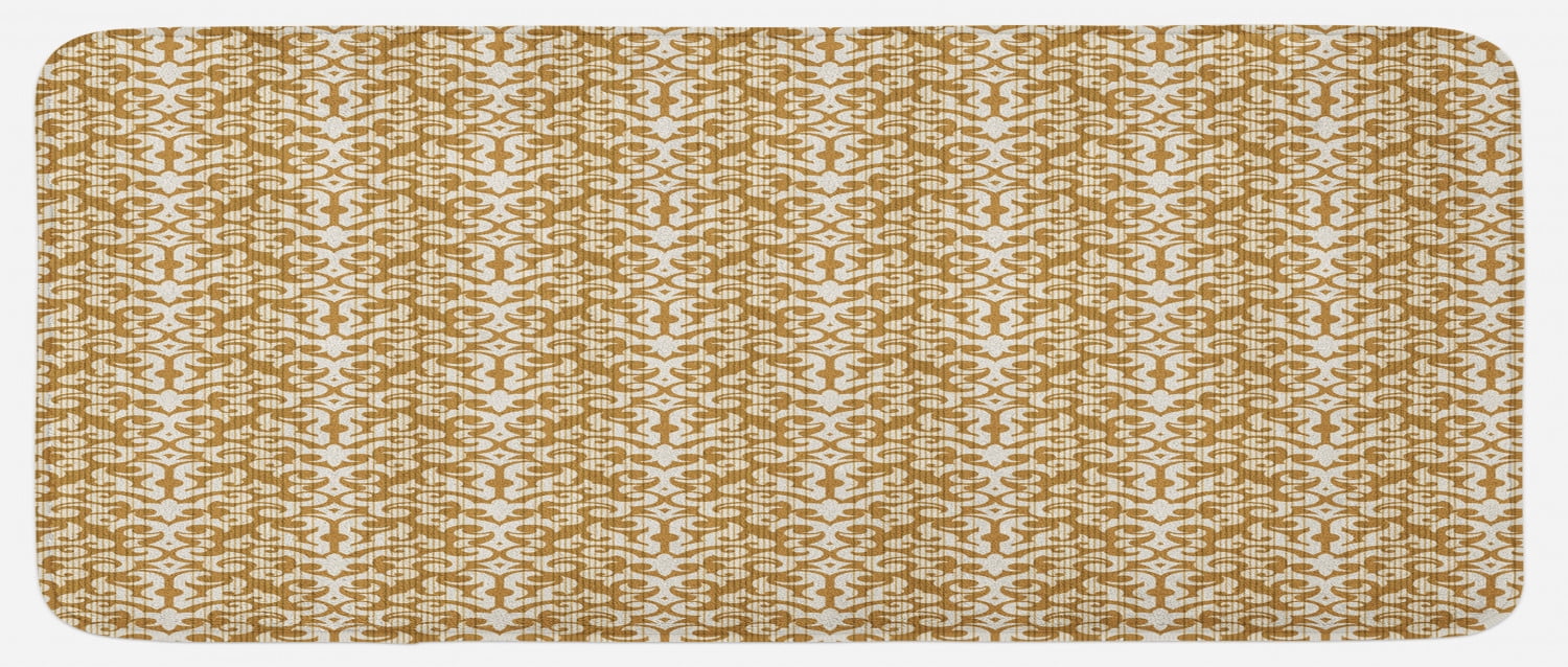 Damask Kitchen Mat, Abstract Eastern Inspired Motif with Soft Color ...