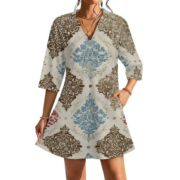 Damask Pattern Beige Background Womens Dress With Pockets Summer V Neck ...