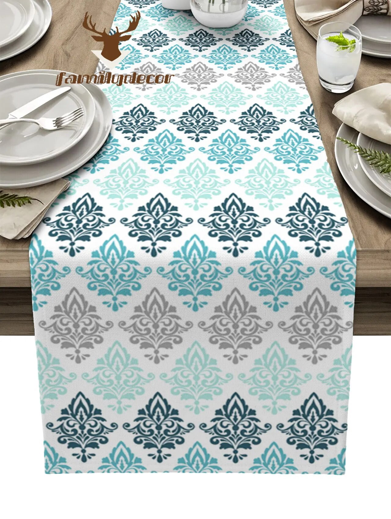 Damask Pattern Gradient Aqua Table Runner Home Wedding Table Flag Mat ...