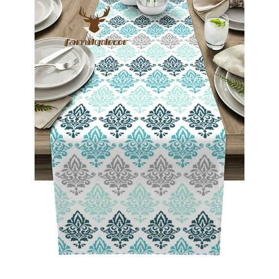 Damask Pattern Gradient Aqua Table Runner Home Wedding Table Flag Mat ...