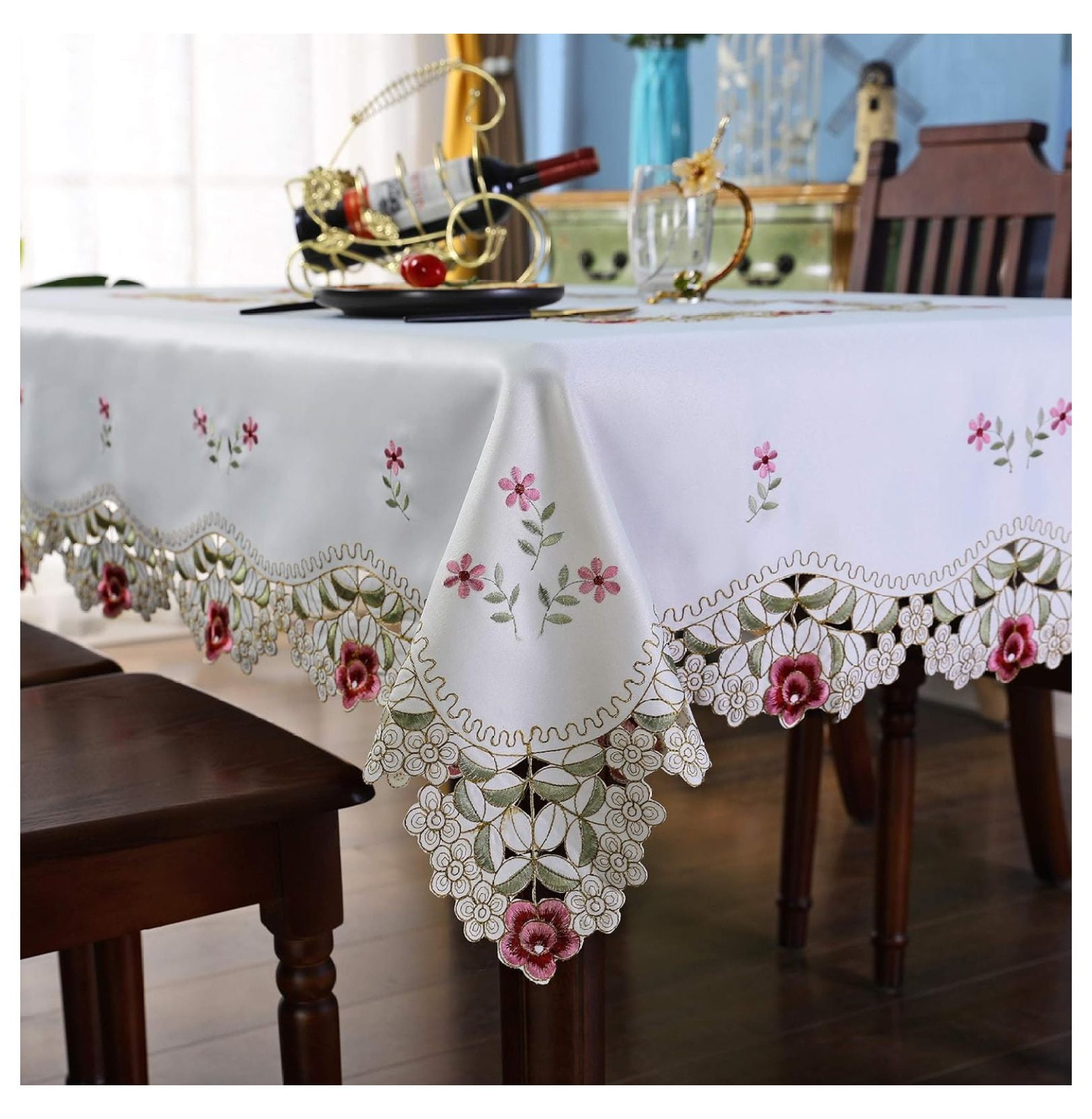 Damask Rose Camellia Embroidered Tablecloth Rectangular 68 x 106 inch ...