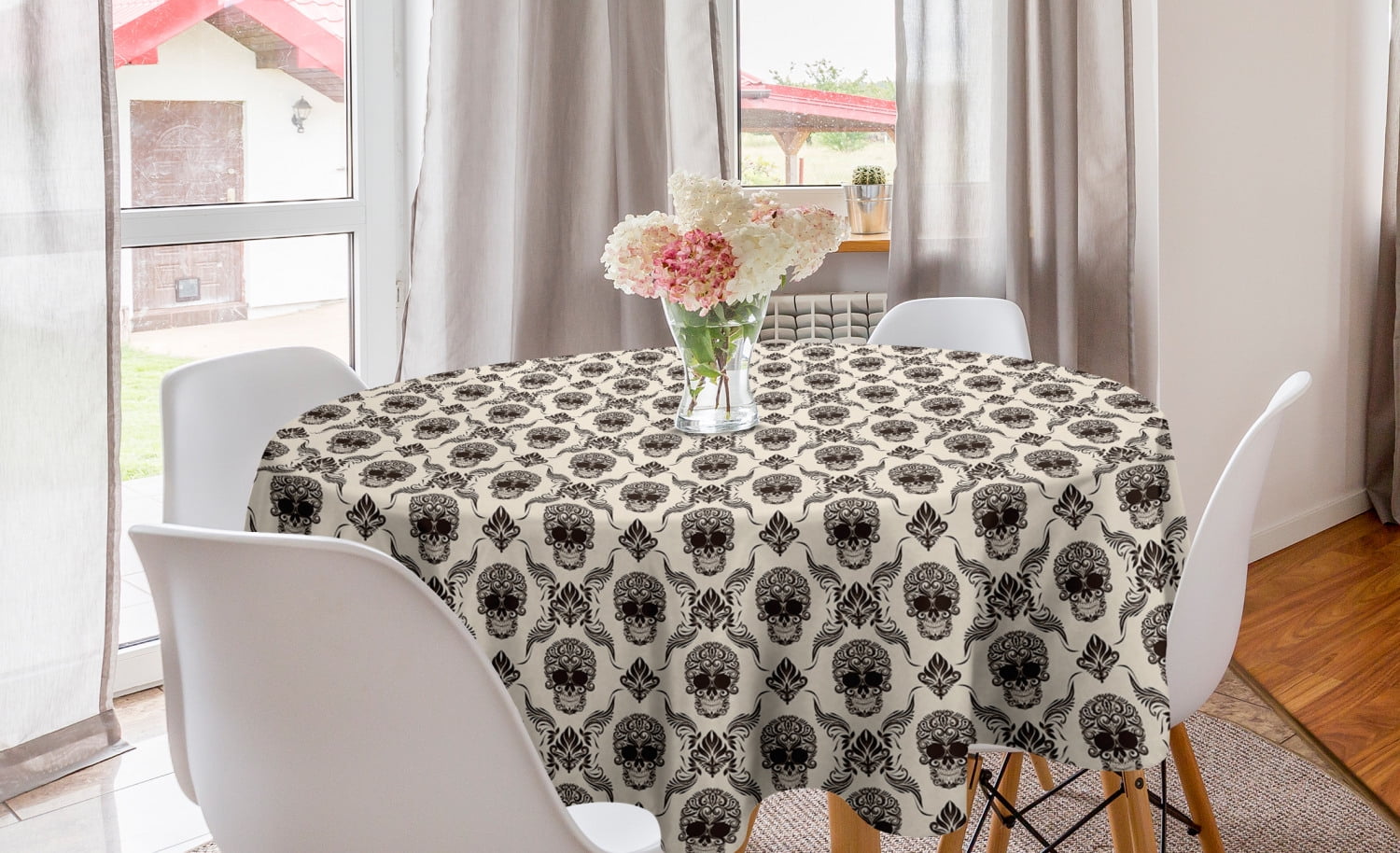 Damask Round Tablecloth, Halloween Skulls in Victorian Classical Rococo ...
