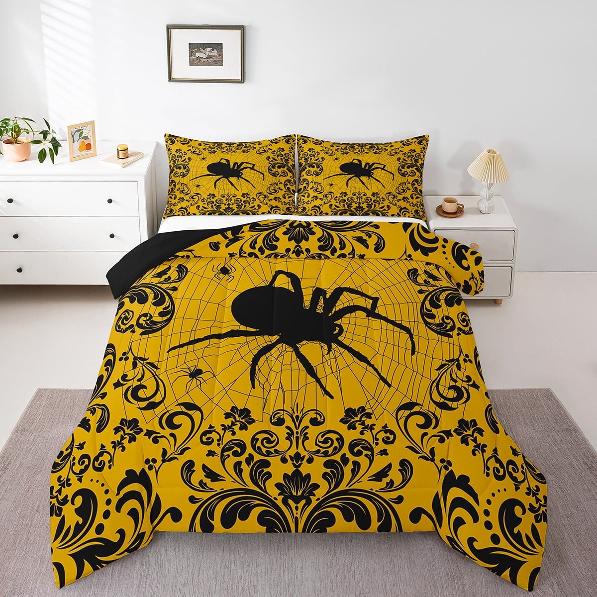 Damask Spider Bedding Comforter Sets Twin Yellow Black Floral Spider ...