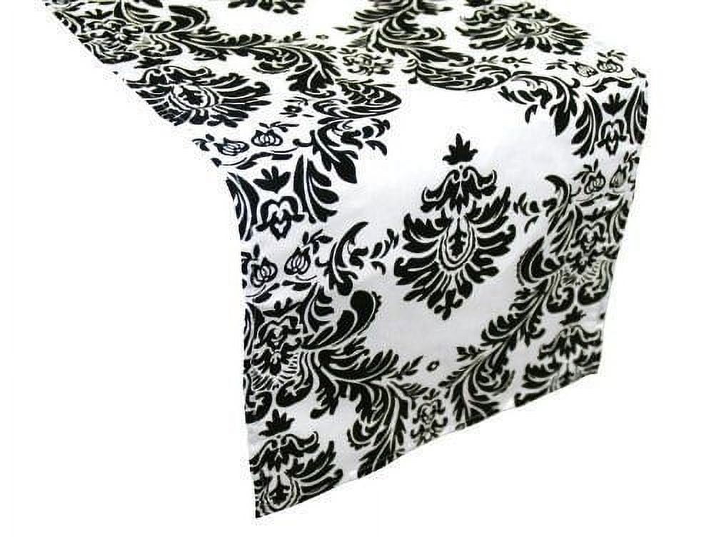 Damask Table Runner, 12" x 108", 3D Flocked Velvet, Black and White ...