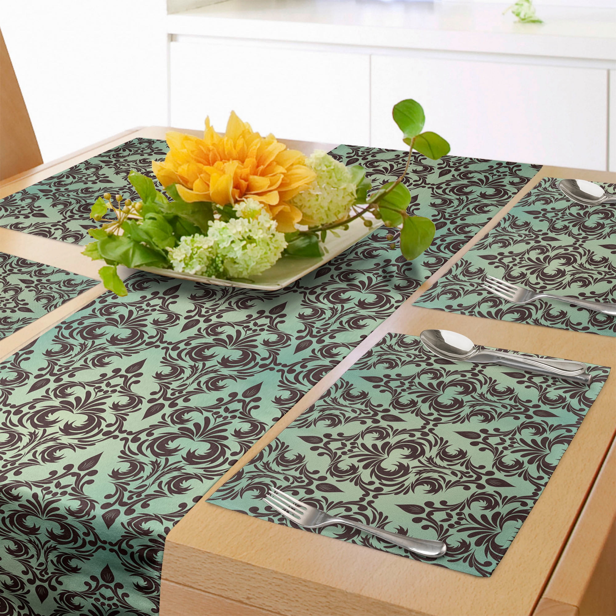 Damask Table Runner & Placemats, Pastel Background Ornamental Surreal ...