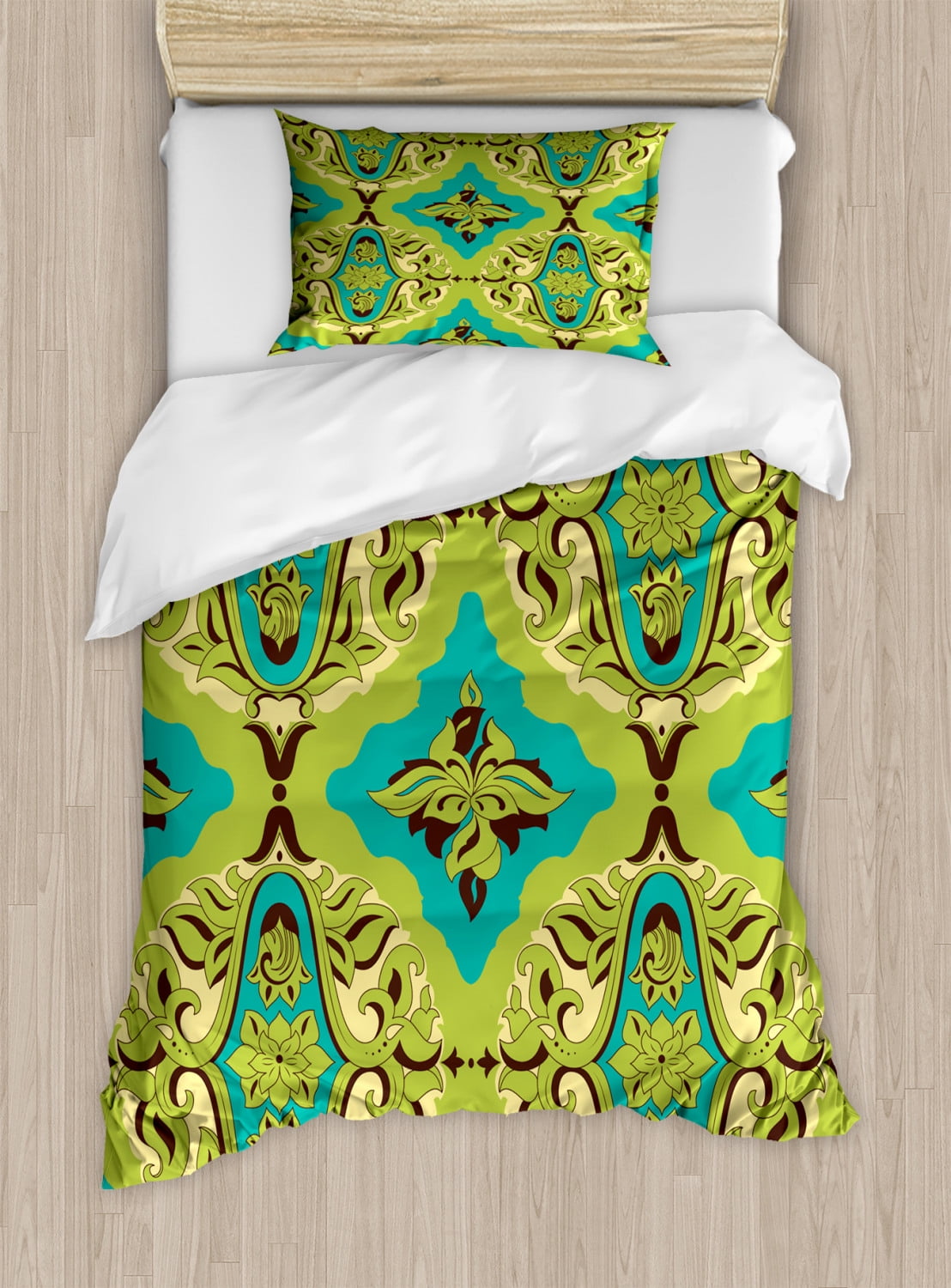 Damask Twin Size Duvet Cover Set, Arabesque Floral Motifs with Baroque ...