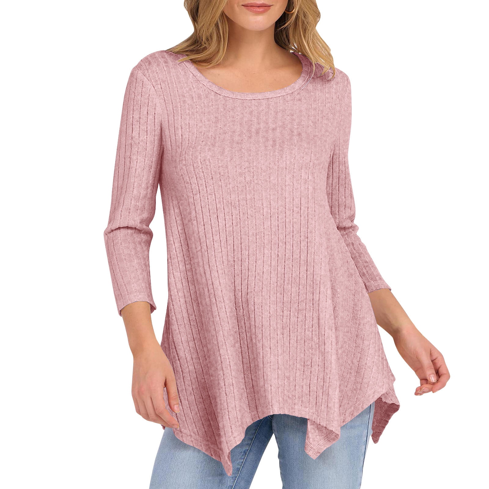 Damen Langarm Rillenstrtur T-Shirt Rundhals 3/4 Ärmel Gebürstet Uni ...