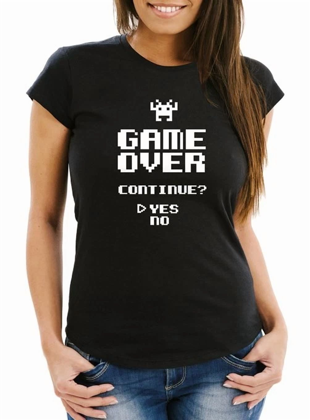 Damen T-Shirt Game Over Continue Yes No Slim Fit Moonworks® - Walmart.com