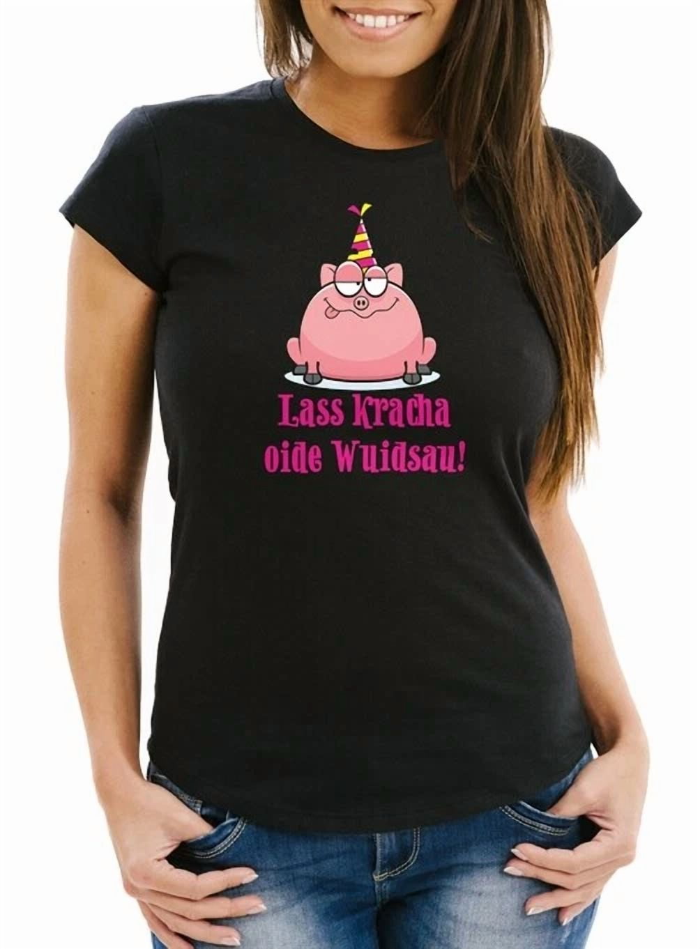 Damen T-Shirt Geburtstag Schwein Spruch Lass kracha oide Wuidsau Fun ...